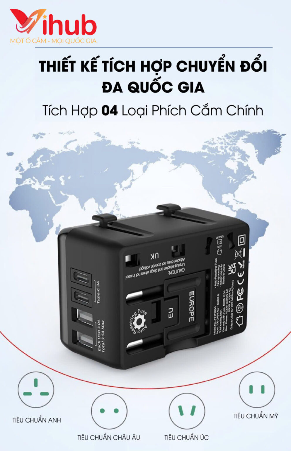 Củ Sạc Vihub F4 - Củ Sạc Du Lịch Đa Năng, Hỗ Trợ Sạc Nhanh, Có 2 Cổng USB Và 2 Type-C - Bán Ổ ...